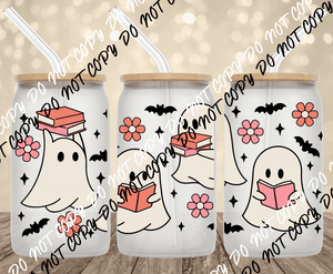 Ghost Holding Books UV Transfer for 16 oz Glass Can