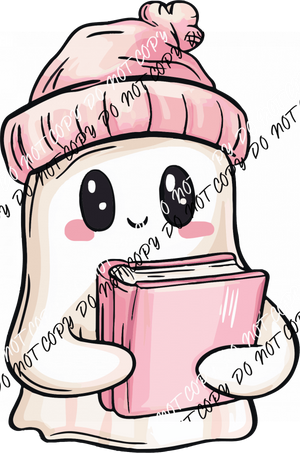 Ghost with Pink Beanie and Book DTF Transfer